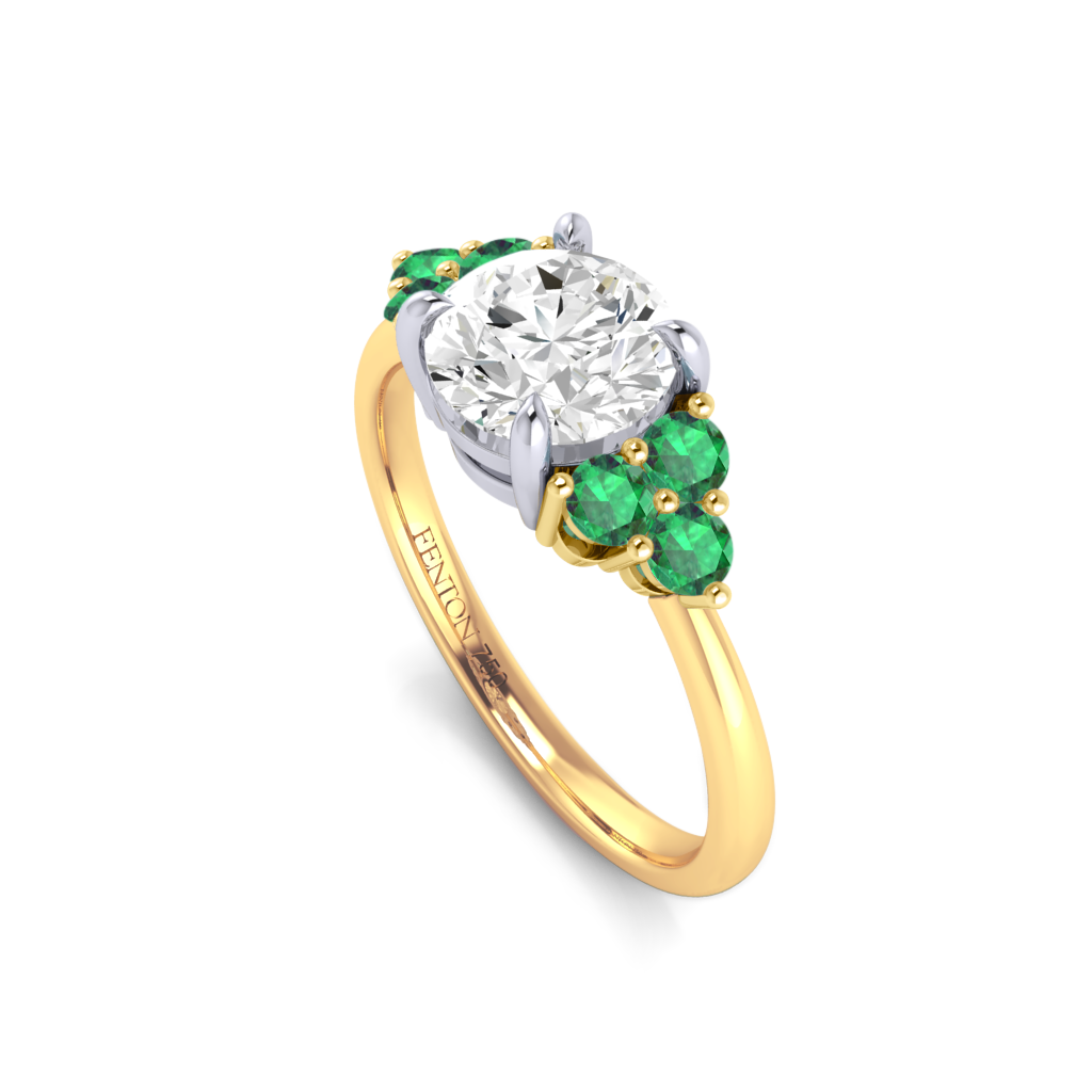 Naturally Mined Diamond Trefoil Round Cut Diamond and Emerald 18k Yell ...