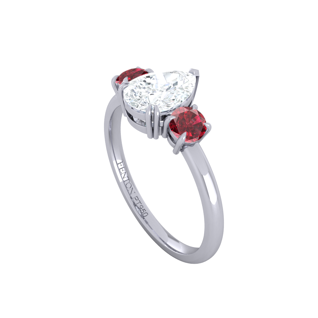 Lab Grown Solar Diamond Trilogy Pear Cut Diamond and Ruby Platinum Rin ...