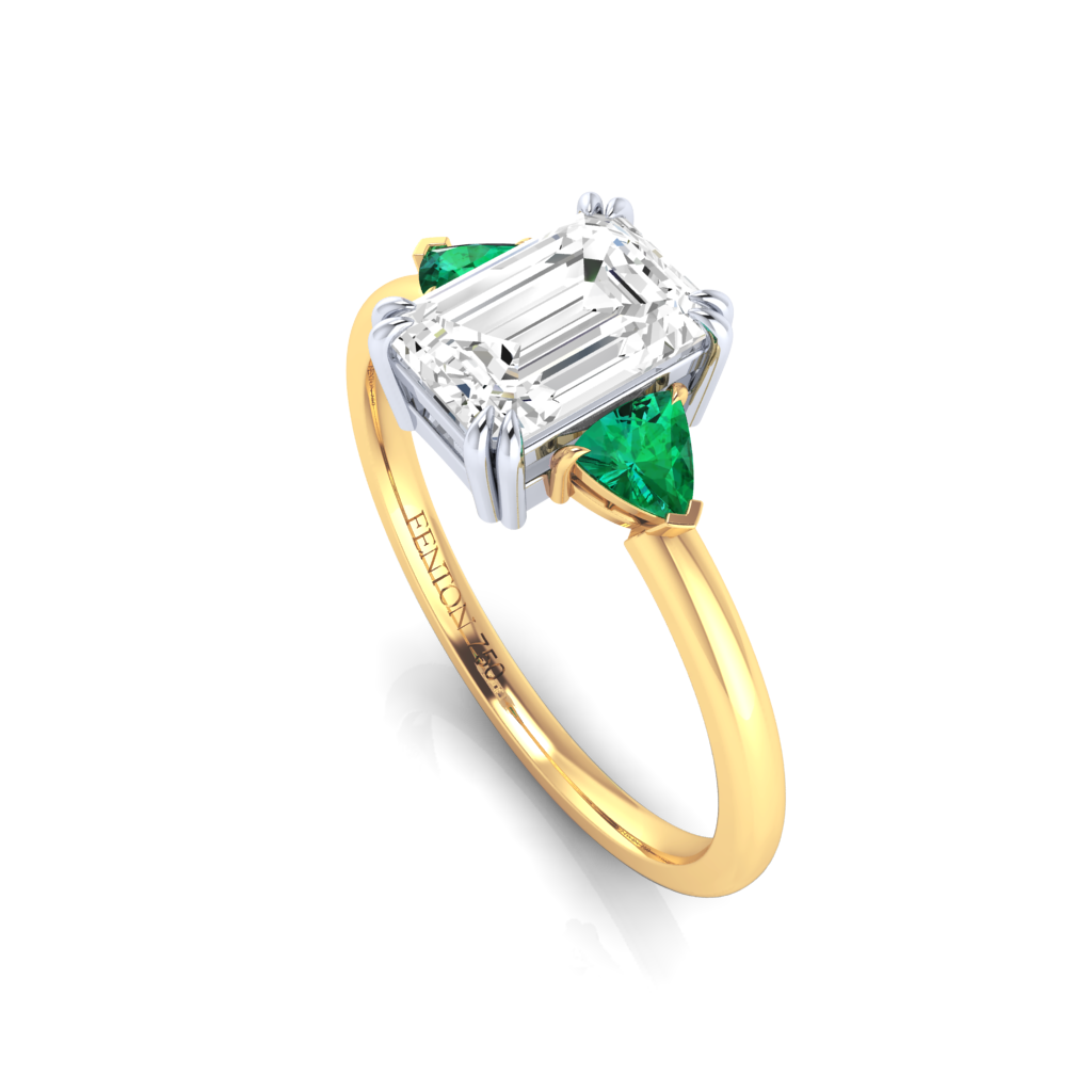 Lab Grown Solar Diamond Trilogy Emerald Cut Diamond and Emerald 18k Ye ...