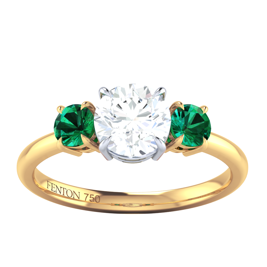 Lab Grown Solar Diamond Trilogy Round Cut Diamond and Emerald 18k Yell ...